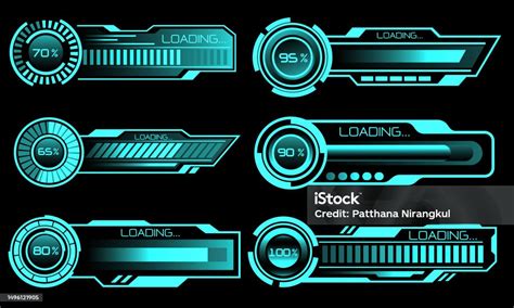 Hud 현대 로딩 진행률 표시줄 사용자 인터페이스 요소 디자인 기술 사이버 블루 검정색 미래 벡터의 집합 벡터에 대한 스톡 벡터 아트 및 기타 이미지 Istock