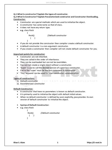 Unit 2 Objects And Classes E Next In Pdf Constructor Object