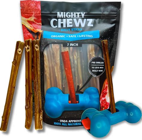 Mighty Chewz 7 Standard Bully Sticks 5 Pack With Bully Stick Safety Device No