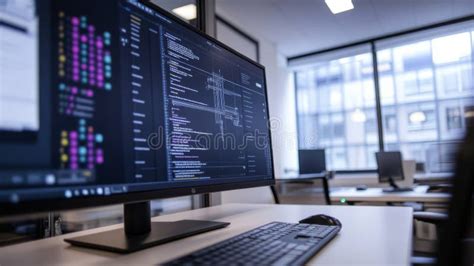 A Sleek Modern Workspace Showcasing A Large Monitor Filled With Coding Scripts The Environment