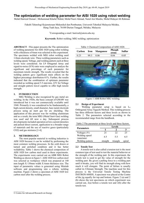 Pdf The Optimization Of Welding Parameter For Aisi 1020 Using Robot Welding