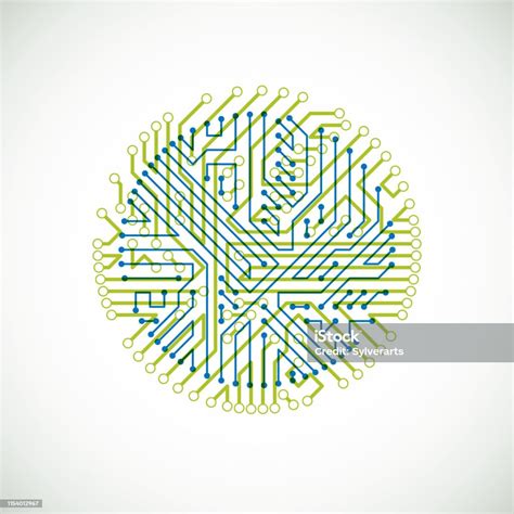 벡터 회로 기판 원 디지털 기술 추상화입니다 녹색과 청색 컴퓨터 마이크로프로세서 방식 미래 지향적 인 디자인 0명에 대한 스톡