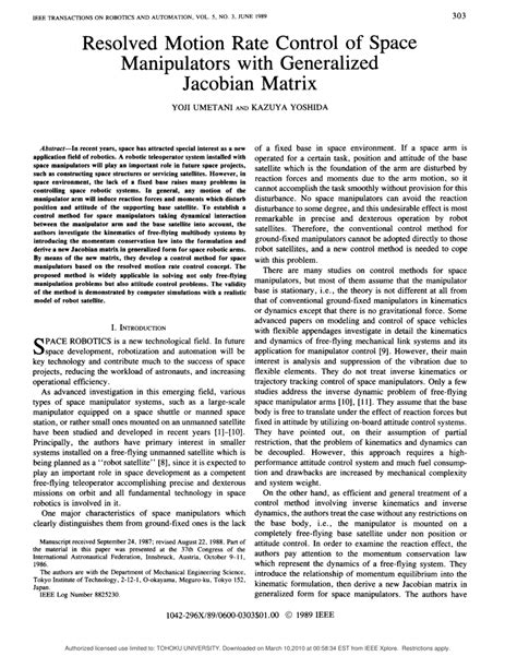 Pdf Resolved Motion Rate Control Of Space Manipulators With Generalized Jacobian Matrix