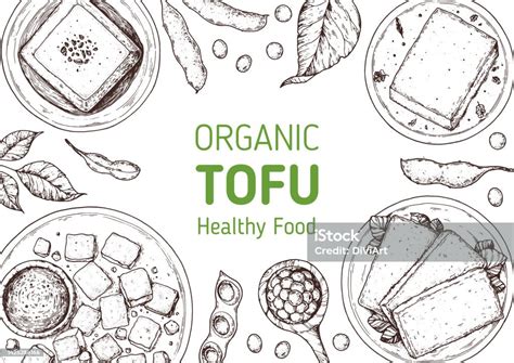 두부 상단보기 프레임 손으로 그린 벡터 일러스트레이션 두부 스케치 아시아 음식 콩 스케치 두부 요리 비건 음식 빈티지 디자인 템플릿 제품 디자인 포장 조리법 책 메뉴에