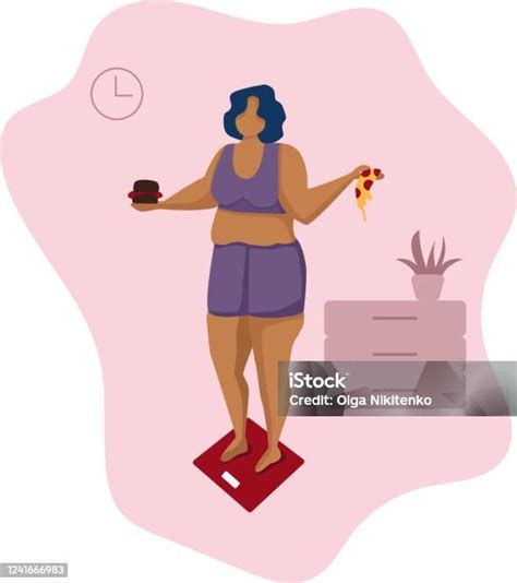 그녀의 손에 패스트 푸드를 들고 규모에 서 과체중 젊은 여성의 벡터 그림 적절한 건강한 영양 식단 건강한 라이프 스타일 비만 과식의 개념 가공의 인물에 대한 스톡 벡터 아트