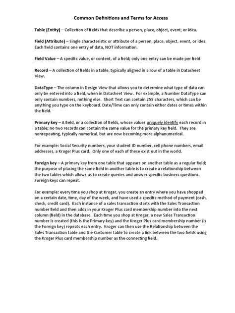 Common Definitions And Terms For Access Pdf Table Database