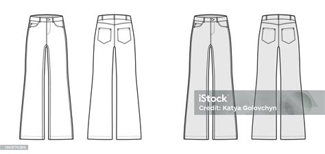 청바지 와이드 레그 데님 팬츠 테크니컬 패션 일러스트레이션 으로 전체 길이 낮은 허리 라이즈 5 포켓 리벳 0명에 대한 스톡 벡터 아트 및 기타 이미지 Istock