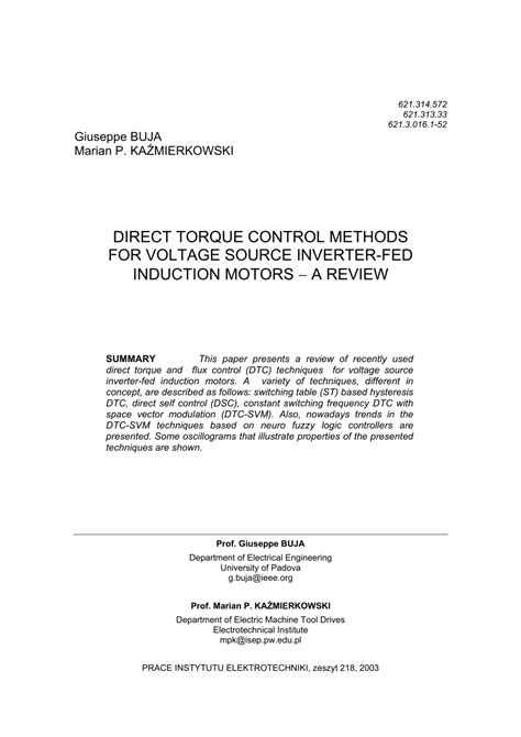 Pdf Review Of Direct Torque Control Methods For Voltage Source Inverter Fed Induction Motors
