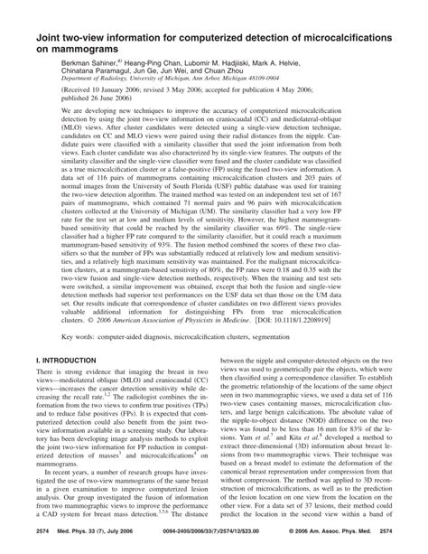 Pdf The Use Of Joint Two View Information For Improving Computerized Microcalcification