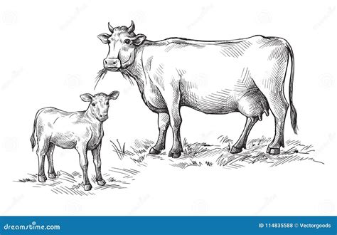 Sketches Of Cows And Calf Drawn By Hand Livestock Cattle Stock Vector