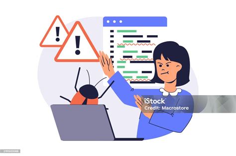 웹 사이트 디자인을위한 평면 만화 사람들과 함께 웹 개념을 테스트하는 소프트웨어 분석을하고 프로그램에서 오류를 찾고 버그와