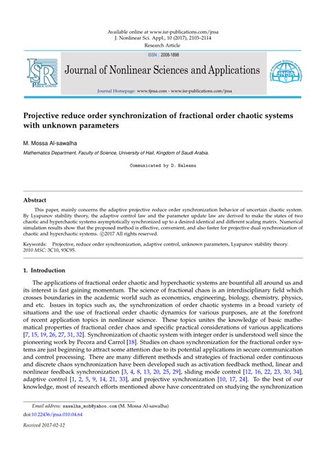 Pdf Projective Reduce Order Synchronization Of Fractional Order Chaotic Systems With Unknown