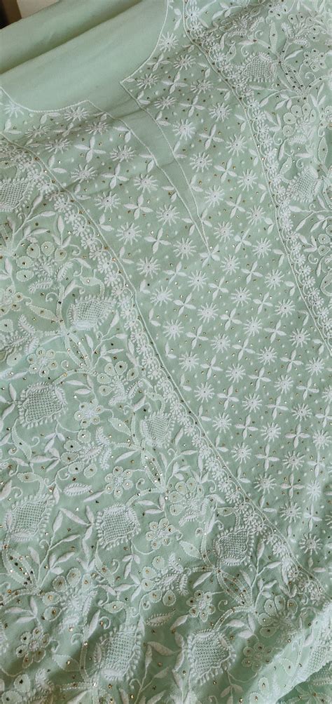 Mint Green 3 Taar Chikankari Mukaish And Jaali Work Kurta And Dupatta