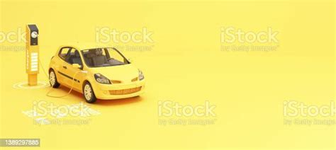 전기 자동차는 충전기를 통해 연료를 보급하고 화면에 표시됩니다 충전 상태를 나타냅니다 노란색 배경에서 3d 렌더링 3차원 형태에 대한 스톡 사진 및 기타 이미지 Istock