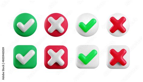 Vector 3d Checkmarks Icon Set Round And Square Glossy Yes Tick And No Cross Buttons Isolated On