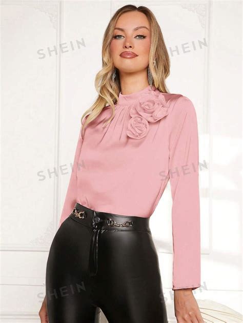 Shein Privé Mock Neck Stereo Flower Keyhole Back Satin Blouse Shein Usa