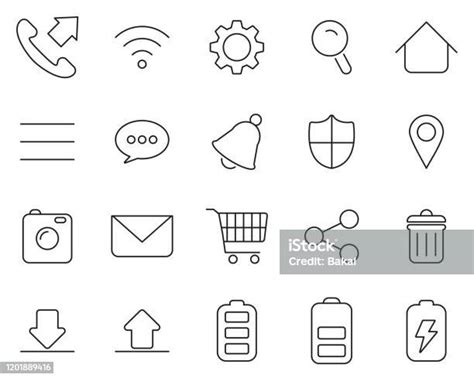 휴대 전화 또는 스마트 폰 아이콘 검은 색과 흰색 얇은 라인 세트 큰 Brand Name Online Messaging Platform에 대한 스톡 벡터 아트 및 기타