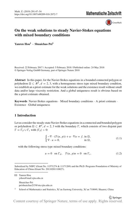 On The Weak Solutions To Steady Navier Stokes Equations With Mixed Boundary Conditions Request Pdf