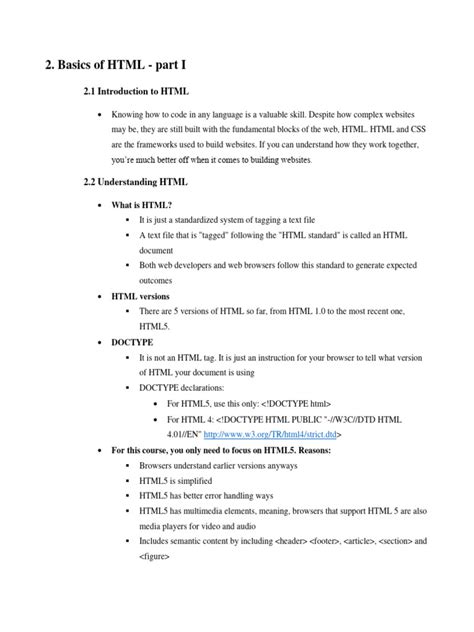 2 Basics Of Html Part I Class Note Pdf Html Element Html