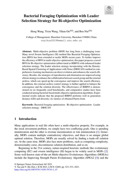 Pdf Bacterial Foraging Optimization With Leader Selection Strategy For Bi Objective Optimization