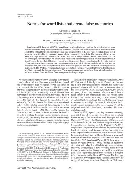 Pdf Norms For Words That Create False Memories