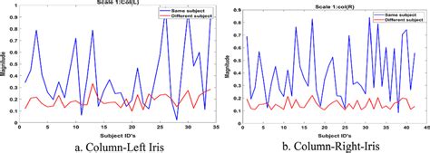 correlation vector plots for column a left iris s scale 1 b right