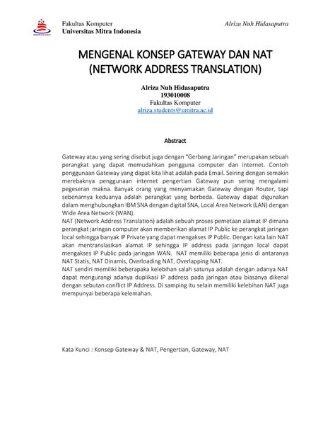 Mengenal Konsep Gateway DAN NAT Network Address Translation Universitas Mitra Indonesia
