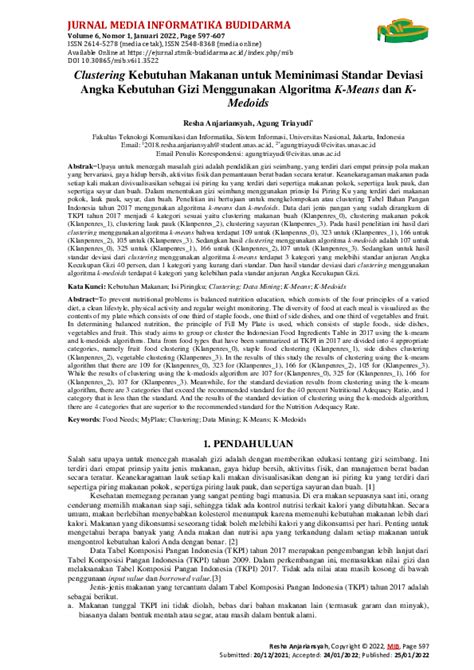 Pdf Clustering Kebutuhan Makanan Untuk Meminimasi Standar Deviasi Angka Kebutuhan Gizi