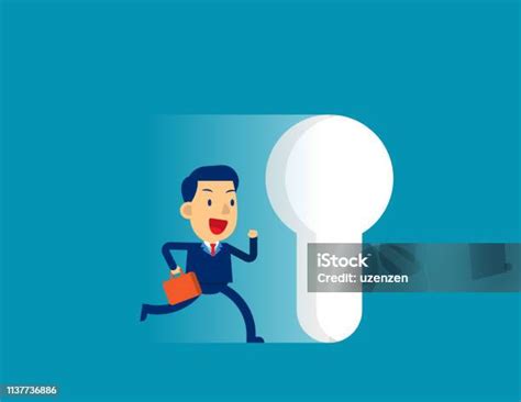 큰 열쇠 구멍에 실행 하는 사업가 개념 귀여운 비즈니스 벡터 일러스트 레이 션 리더십 도전 경영자에 대한 스톡 벡터 아트 및 기타 이미지 Istock