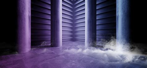 연기 연기 네온 형광 보라색 파란 미래 지향적 인 열 차고 쇼 룸 터널 복도 콘크리트 금속 그런 지 반사 빈 공간 화이트 글로우