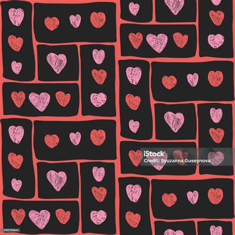 하트 크레용으로 그려진 완벽 한 패턴입니다 발렌타인 데이 모듈 반복 배경입니다 사랑의 상징 끝없는 배경 표면의 패턴 디자인은 로맨틱한 데이트 모티프 벡터 손으로 그린 그림