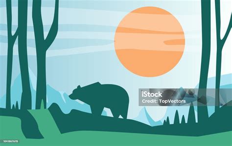 수평 벡터 일러스트 레이 션을 커버 하는 자연의 아름 다운 장면 숲과 곰 배너 포스터 잡지 템플릿 평화로운 여름 풍경 숲에 대한 스톡 벡터 아트 및 기타 이미지 Istock