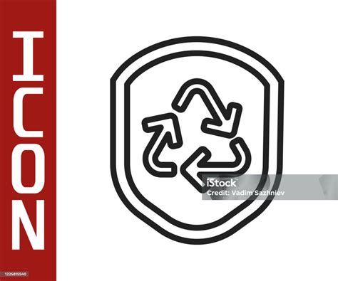 흰색 배경에 격리 된 방패 아이콘 내부의 검은 색 선 재활용 기호 에코 보호 표지판 벡터 일러스트레이션 0명에 대한 스톡 벡터