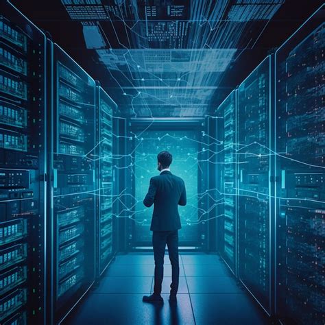 Premium Ai Image A Man Stands In A Server Room With A Blue Screen That Saysthe Word Dataon It