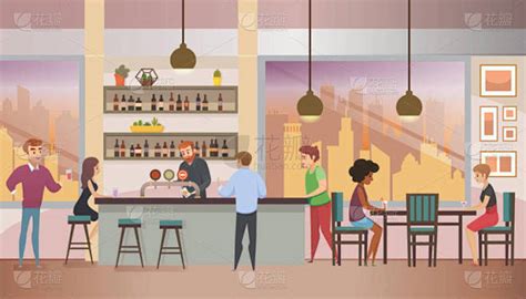 城市酒吧满是游客的平面矢量插图