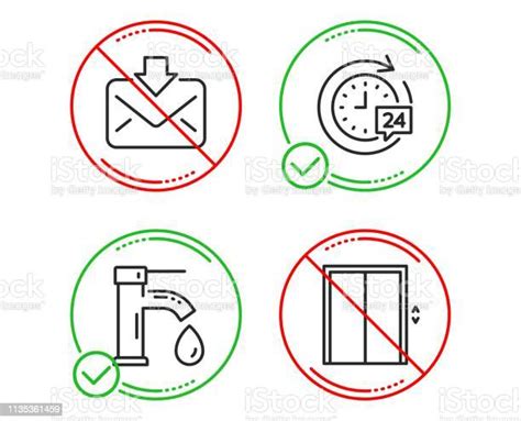 수돗물 수신 메일 및 24 시간 배달 아이콘을 설정 합니다 리프트 기호입니다 수도 꼭지 다운로드 메시지 스톱 워치 엘리베이터 벡터 0명에 대한 스톡 벡터 아트 및 기타