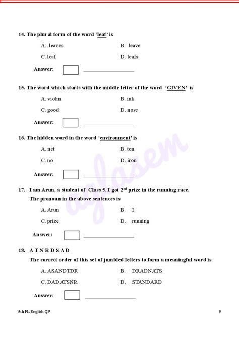 Karnataka 5th English Model Question Paper 2023 Pdf Download Kseab