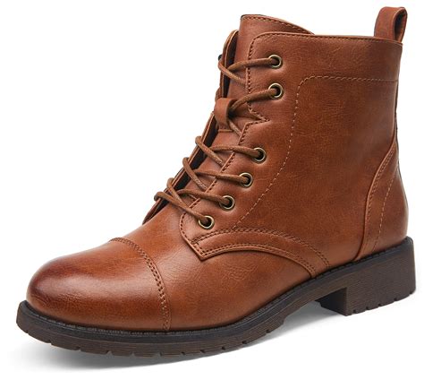 Tianek Fashion Casual Warm Lace Up Short Ankle Flat Leather Brown Boots
