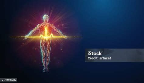 빛나는 네온 입자로 만든 인체 실루엣 위에 심장 맥박 심장 조영의 추상적 인 그림 심장 건강 관리 심장학 개념을 묘사 한 파란색 기하학적 배경 디지털 벡터 일러스트 레이 션