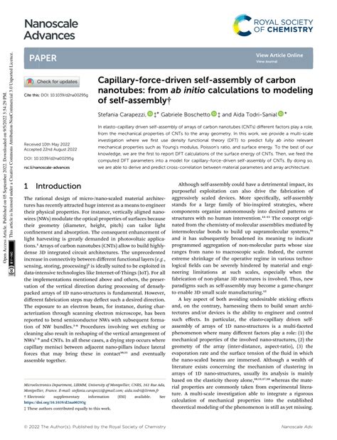 Pdf Capillary Force Driven Self Assembly Of Carbon Nanotubes From Ab Initio Calculations To