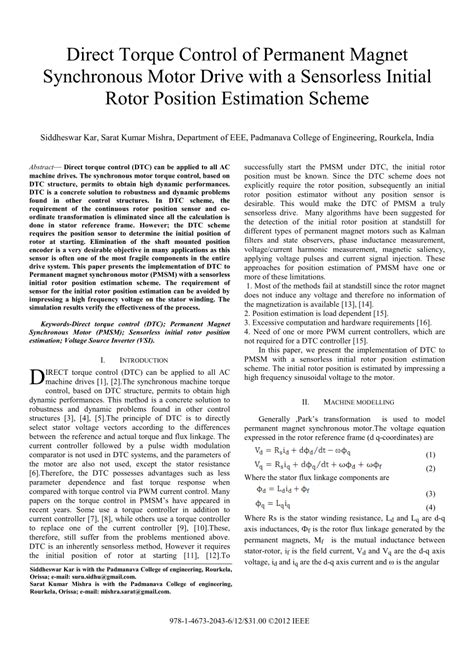 Pdf Direct Torque Control Of Permanent Magnet Synchronous Motor Drive With A Sensorless