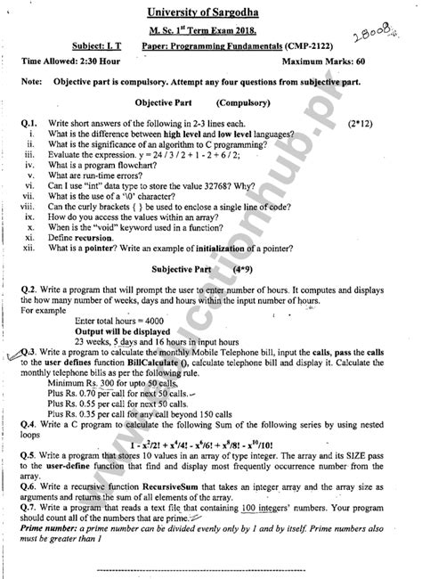 CMP Programming Fundamentals MSc IT UOS Past Papers