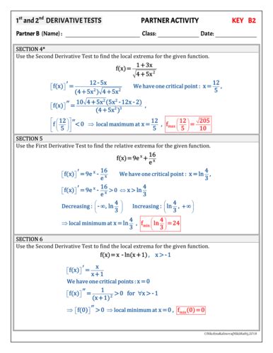 First And Second Derivative Tests Partner Activity Teaching Resources