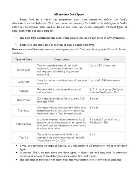 Ms Access Data Types Type Of Data Description Size Download Free