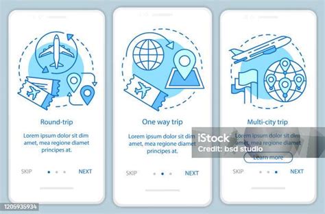 선형 개념으로 항공기 비행 티켓 청록색 온보딩 모바일 앱 페이지 화면 여정 및 여행 연습 단계 그래픽 지침 Ux Ui 그림이 있는 Gui 벡터 템플릿 1에 대한 스톡 벡터