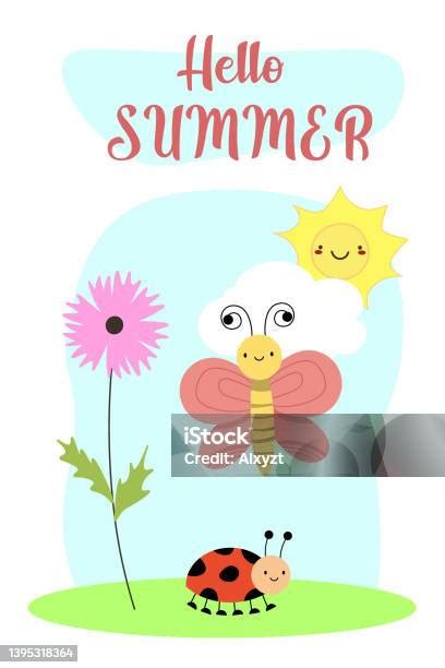 여름 벡터 일러스트 레이 션 템플릿 나비 무당 벌레가있는 여름 초원 자연 배경 식물 카모마일 꽃 녹색 들판 잔디 인사말 카드 Eps 계절에 대한 스톡 벡터 아트 및 기타