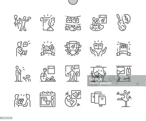 세계 문화의 날 잘 만들어진 픽셀 완벽한 벡터 얇은 라인 아이콘 30 웹 그래픽 및 응용 프로그램을위한 그리드 2x 간단한 최소한의 그림 Theatrical