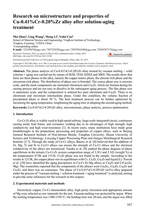 Pdf Research On Microstructure And Properties Of Cu 0 41 Cr 0 20 Zr Alloy After Solution Aging
