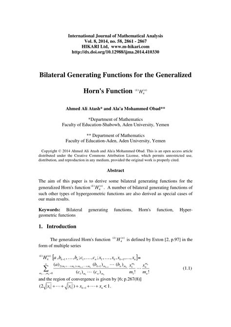 Pdf Bilateral Generating Functions For The Generalized Horns Functionkh4 N