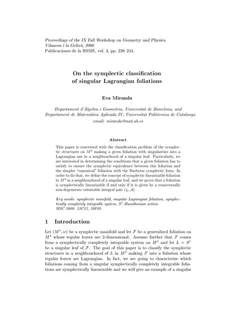 Pdf On The Symplectic Classification Of Singular Lagrangian Foliations